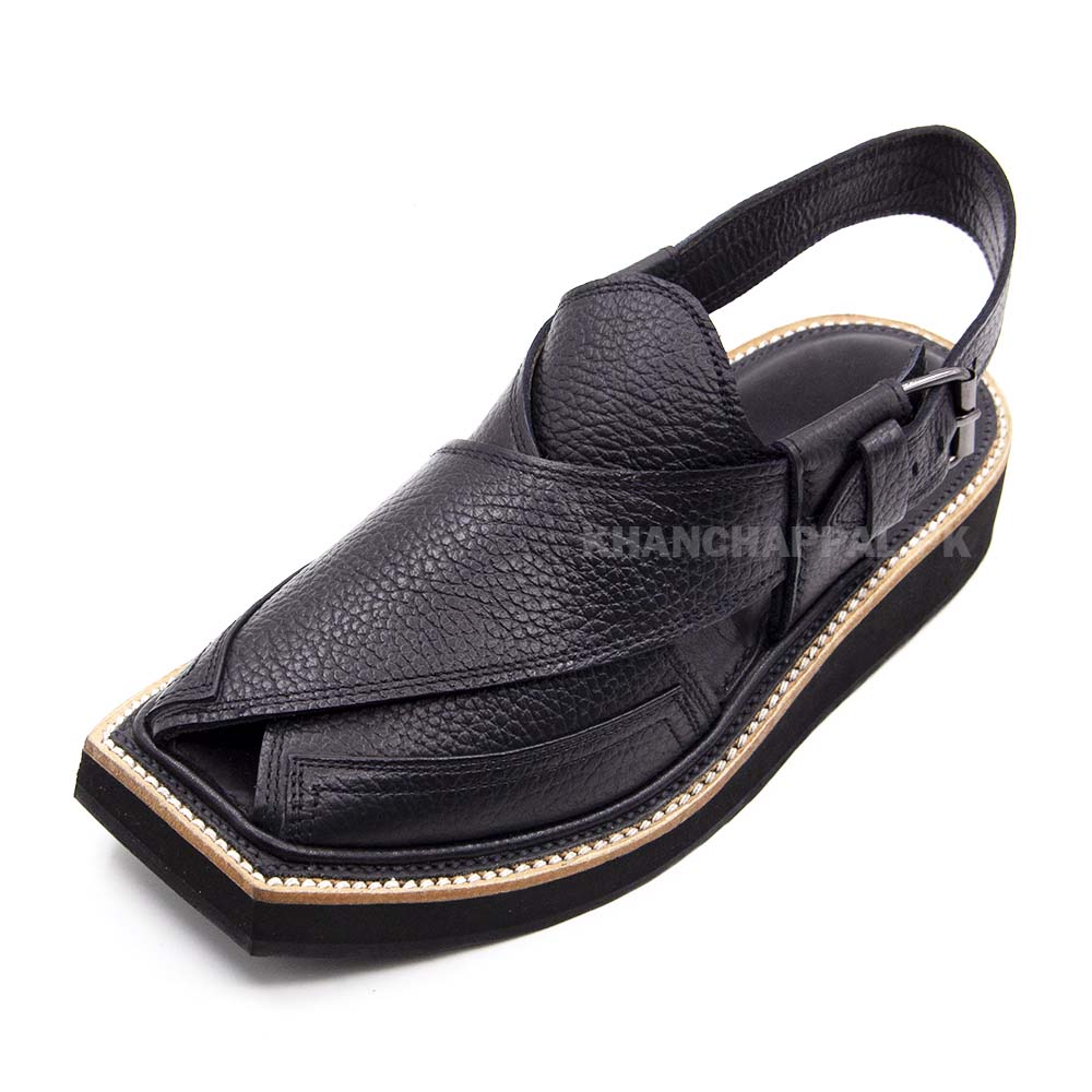 Special Black Dotted Genuine Leather Kaptaan Chappal